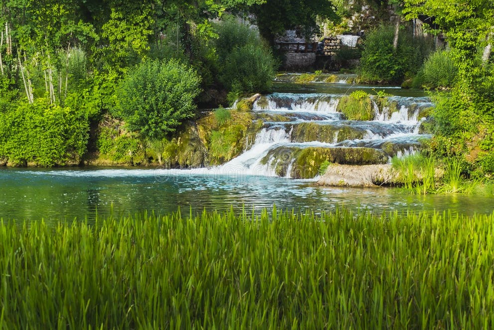 Front View of a Small Waterfall Pouring Down To River Surrounded by ...