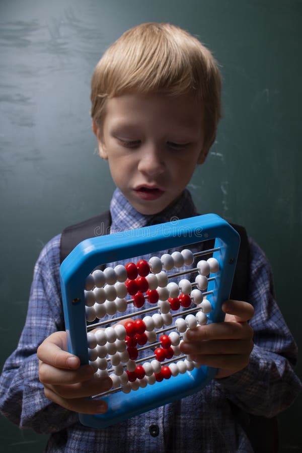 Front View of Smart Boy Learning Math with Abacus Stock Image - Image ...