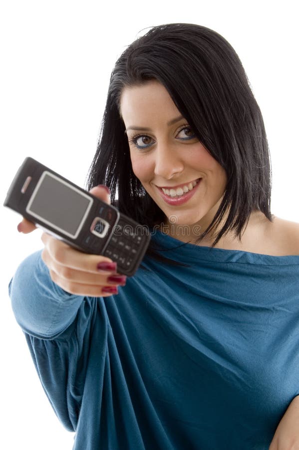 Front View of Smiling Female Showing Mobile Stock Photo - Image of ...