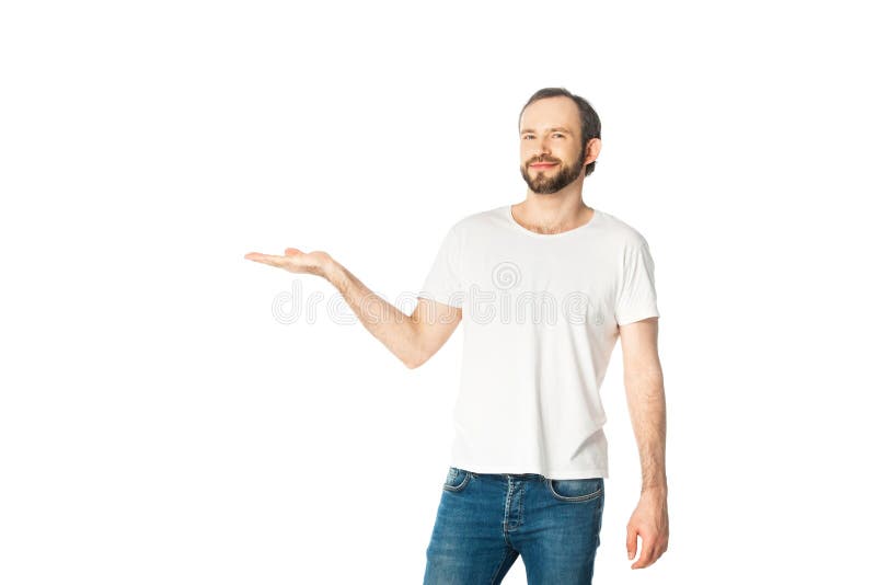 Front View of Smiling Man Pointing Stock Photo - Image of cheerful ...