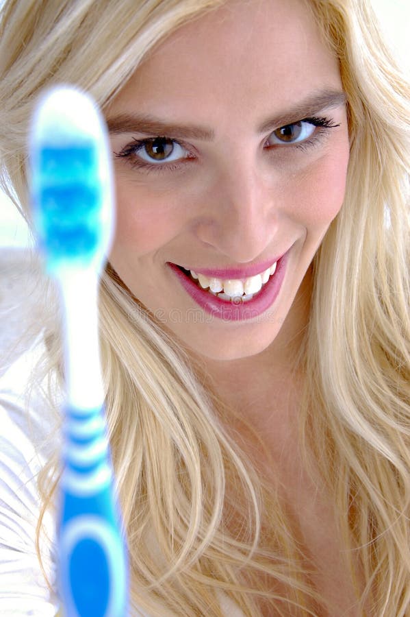 Front View of Smiling Woman Holding Toothbrush Stock Image - Image of ...