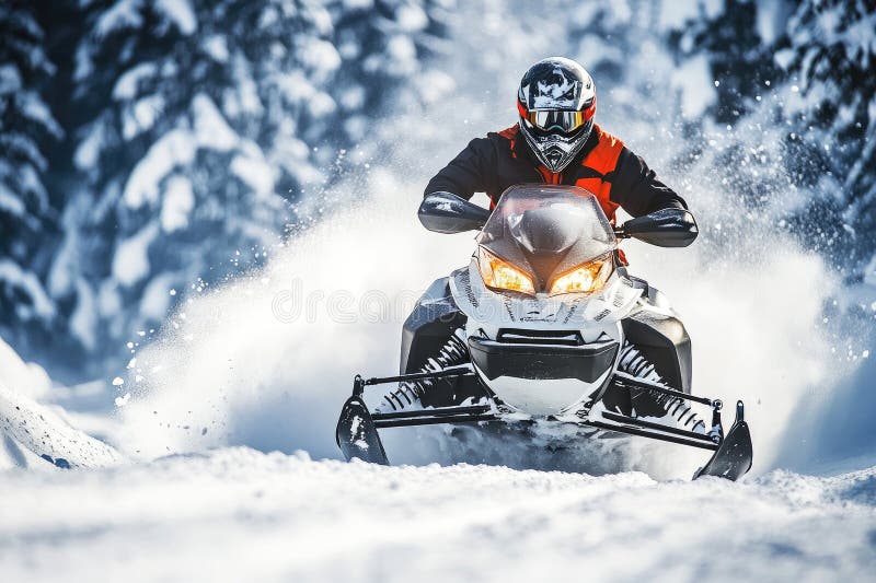Front View on a Snowmobile Driving on Winter Snowy Forest , Dynamic and ...