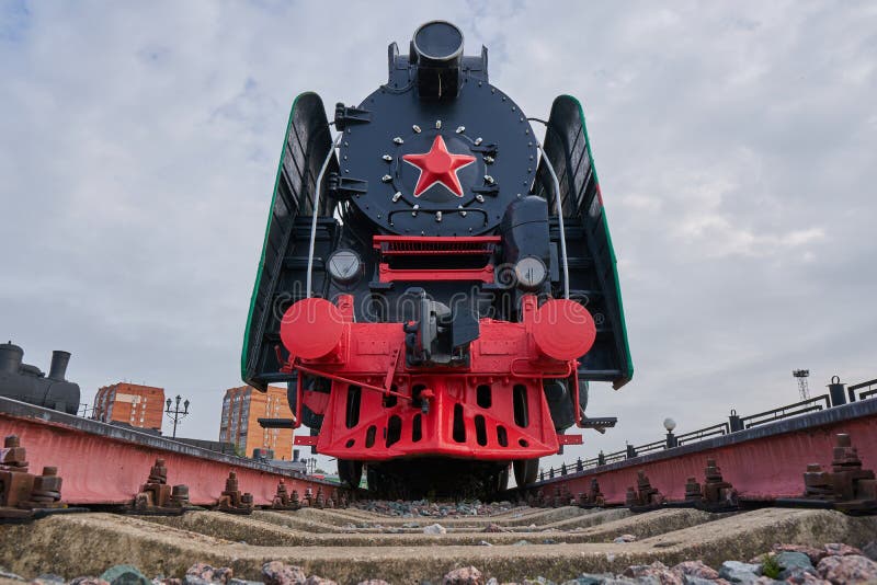 Front View of Soviet Steam Locomotive Stock Photo - Image of star ...