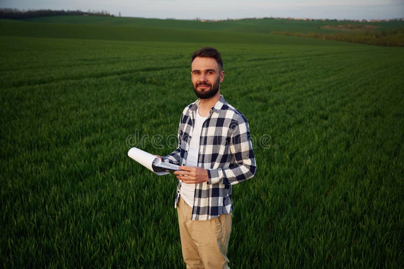 Front View. Standing and Holding Notepad with Document Stock Photo ...