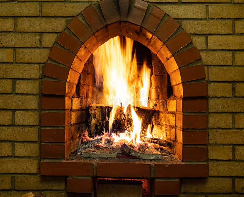 Front View of Stone Fireplace with Fire Stock Photo - Image of ...