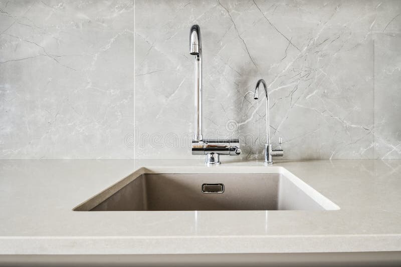 Front View of a Stone Sink and Water Tap for Pure Water Stock Photo ...