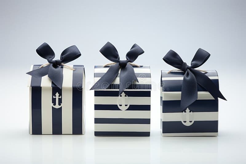 Front View of Striped Navy and Cream Nautical Theme Gift Boxes with Bow ...