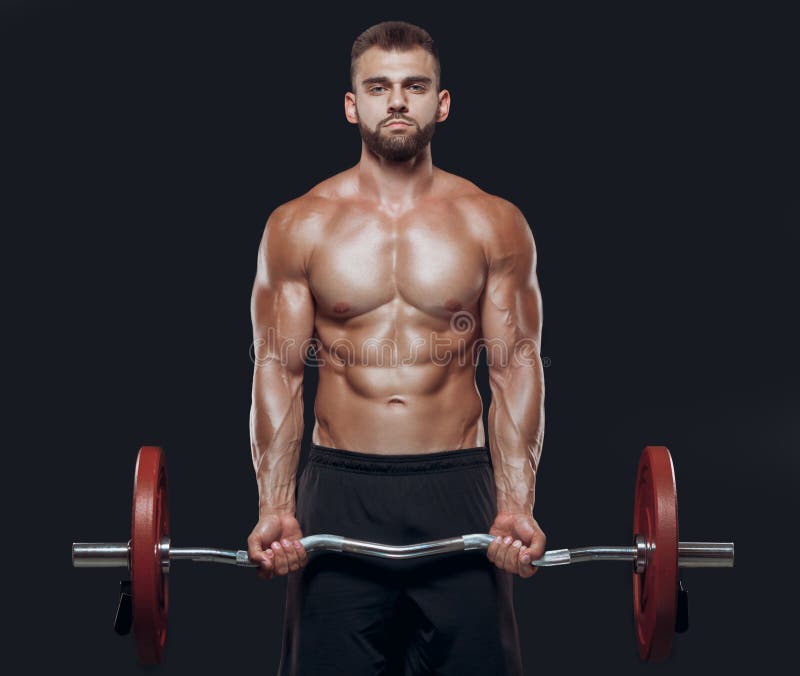 Front View of a Strong Man Bodybuilder Exercising with a Barbell ...