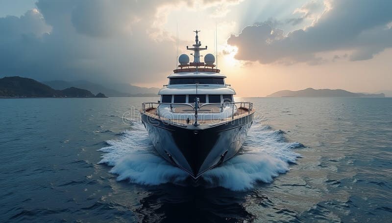 Front View of Stylish Black and White Yacht Sailing Under Dramatic ...