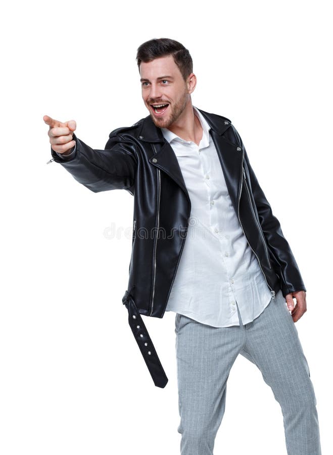 Front View of a Stylish Man in a Leather Jacket Points His Hand Stock ...