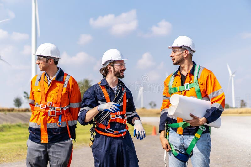 Front View of Three Caucasian Engineers in Uniform and Hardhat Talk ...