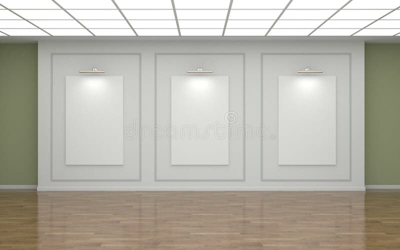 Front View of Three Large Vertical Posters on Wall in a Gallery Stock ...