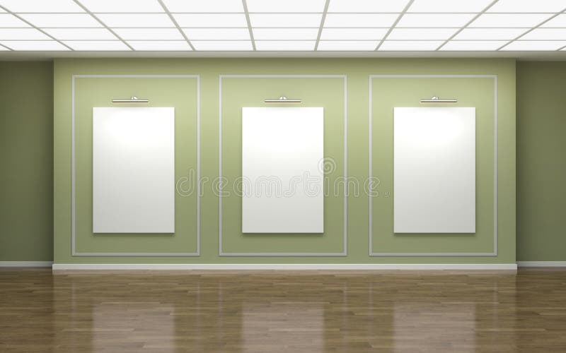 Front View of Three Large Vertical Posters on Wall in a Gallery Stock ...