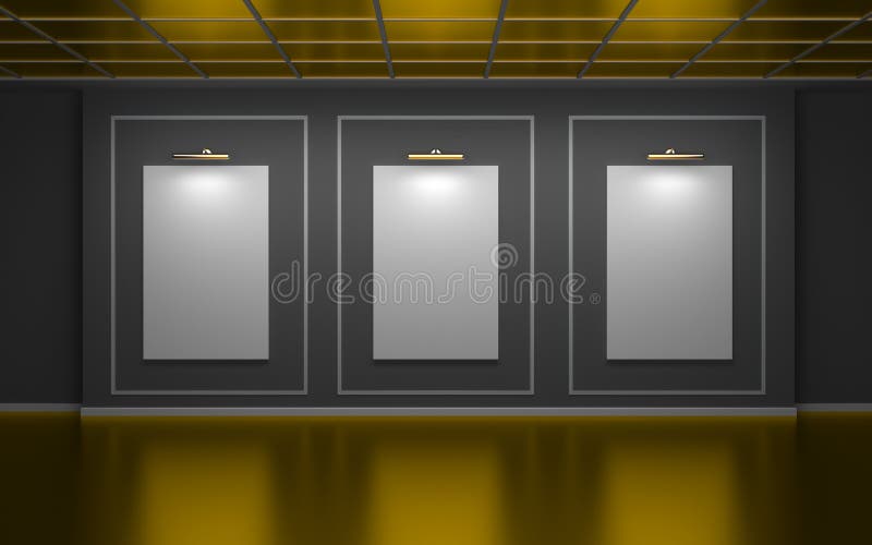 Front View of Three Large Vertical Posters on Wall in a Gallery. Golden ...