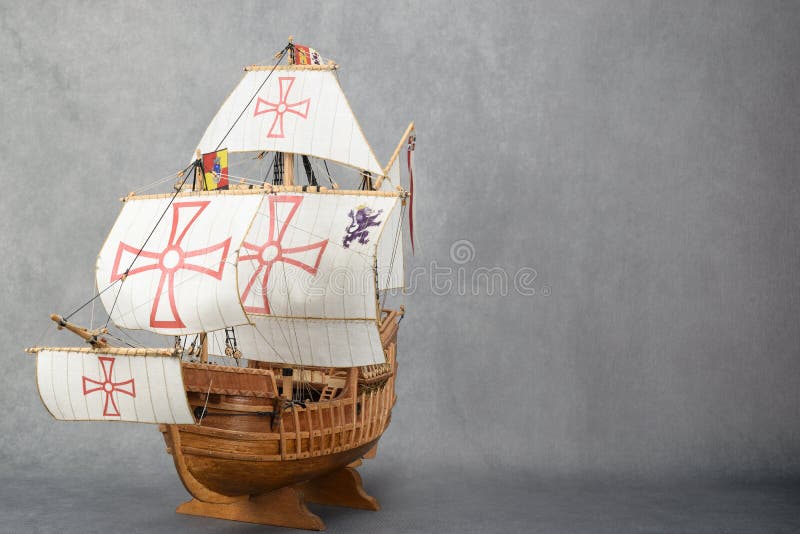 Front View of a Three-masted Model of a Wooden Ship with Sails Down ...