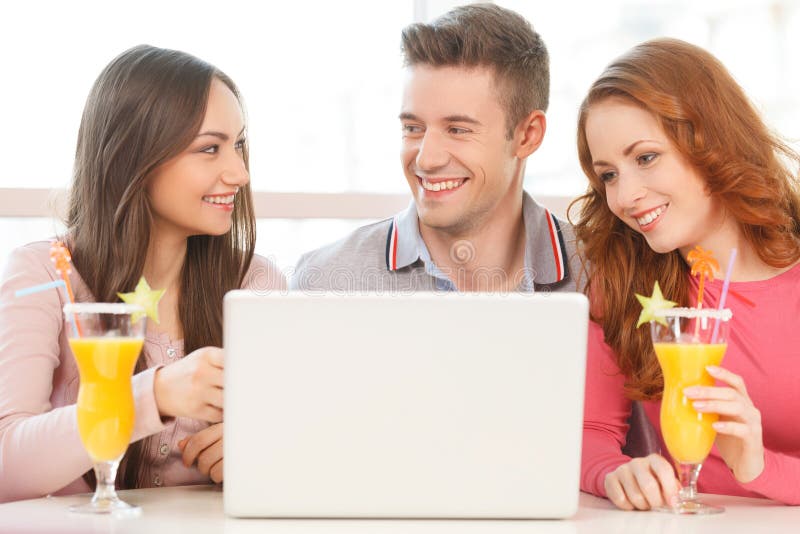 Front View of Three Students Using Laptop. Stock Image - Image of front ...