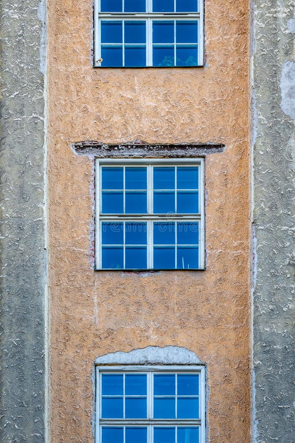 Front View of Three Symmetrical Windows on a Stone City Building. Stock ...