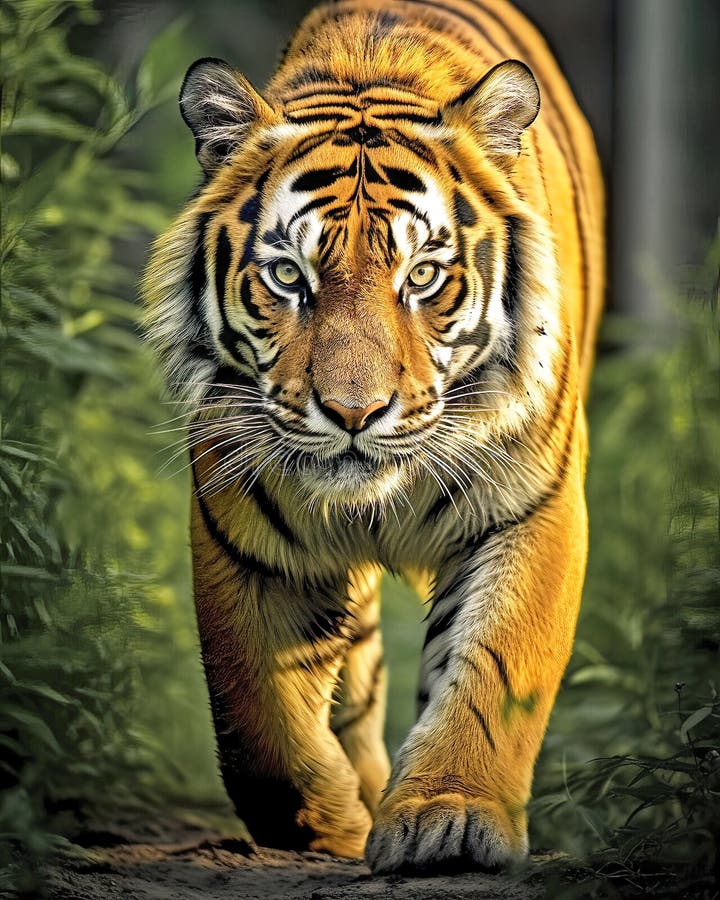 Front View of a Tiger Running Towards the Camera through the Green ...