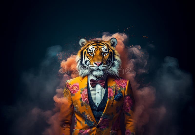 Front View of a Tiger Wearing a Suit Standing Animated Bur. AI ...