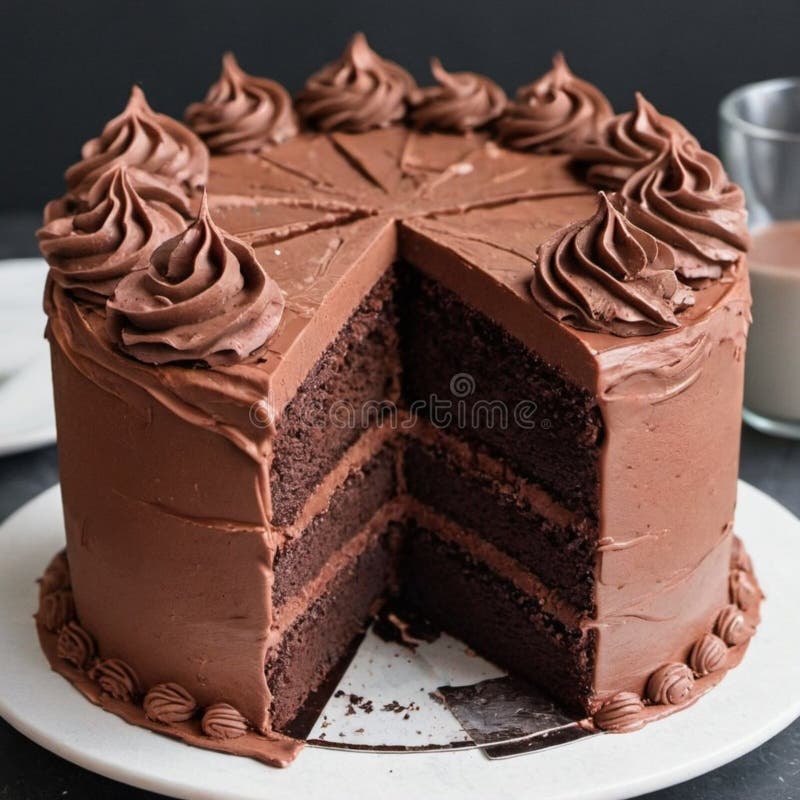 Front View of a Triple Layered Chocolate Cake with a Large Slice ...