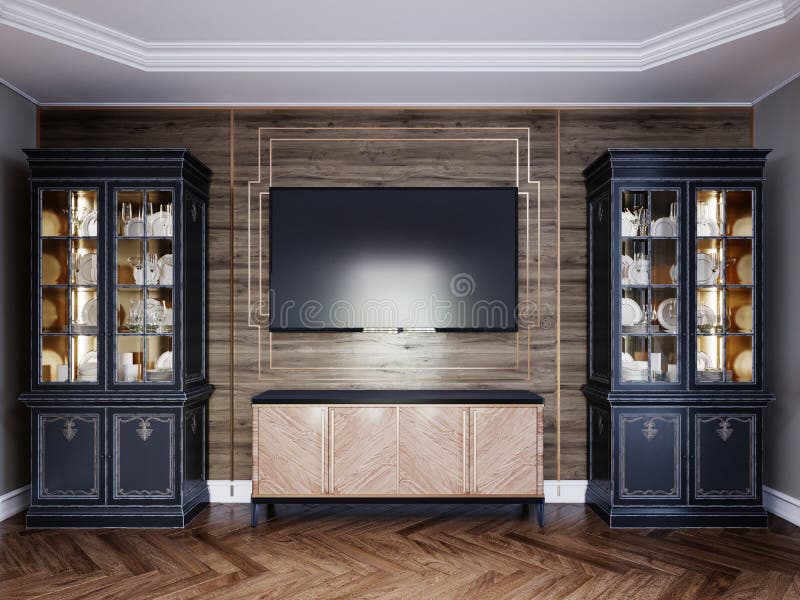 Front View of a TV Unit on a Wooden Wall Background, Sideboards with ...
