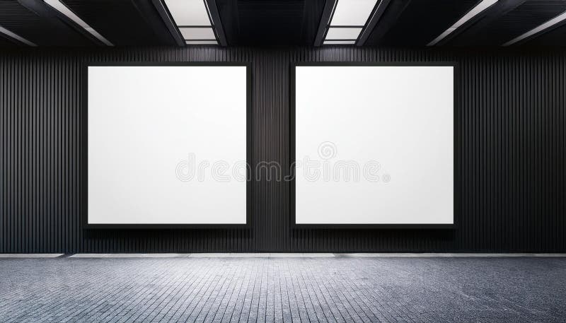 Front View on Two Blank White Billboards in Black Frame with Empty ...