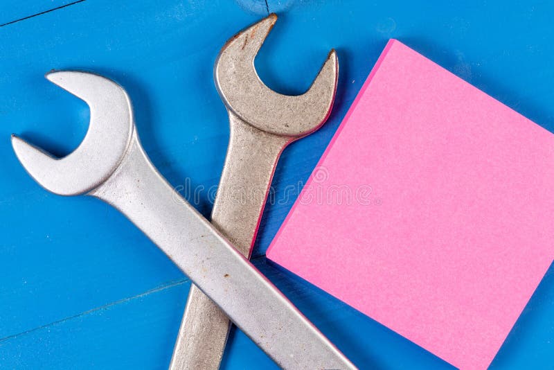 Front View Two Crossed Working Wrenches Sticky Colored Notes Wooden ...