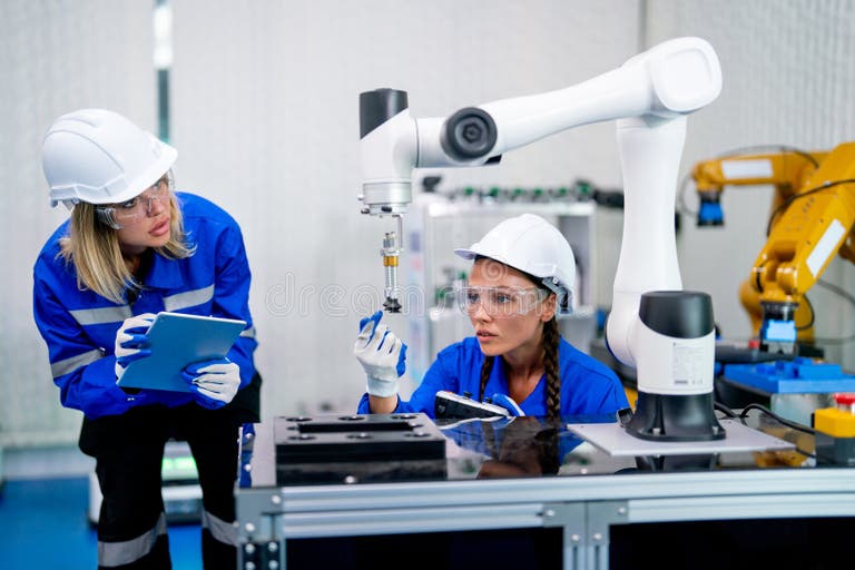 Front View of Two Professional Technician or Engineer Women Sit and ...