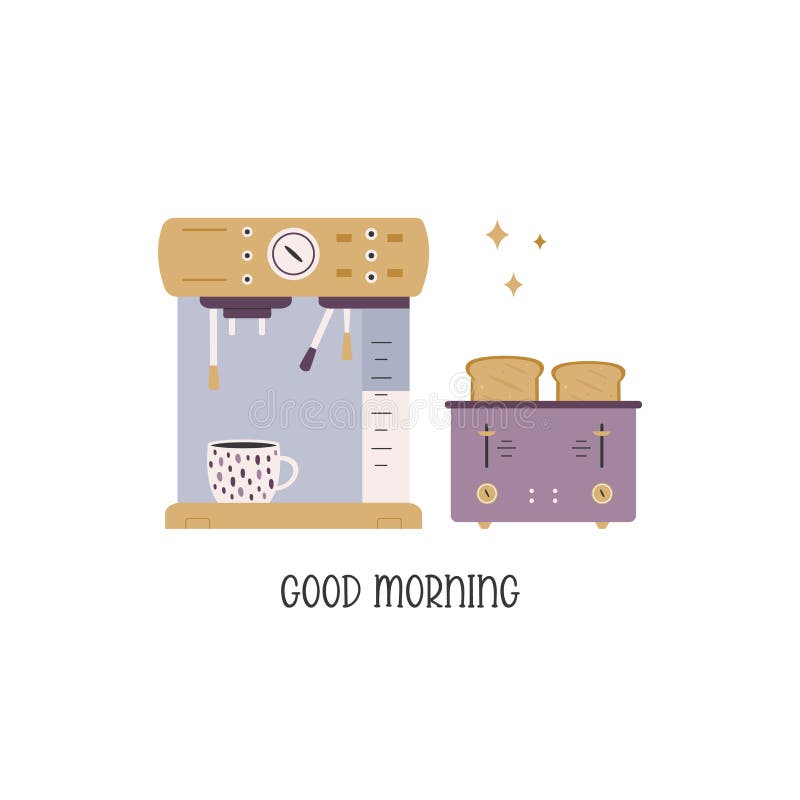 Front View Vector Illustration of a Coffee Machine and Toaster with ...