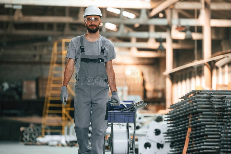 Front View, Walking Forward. Young Factory Worker in Grey Uniform Stock ...