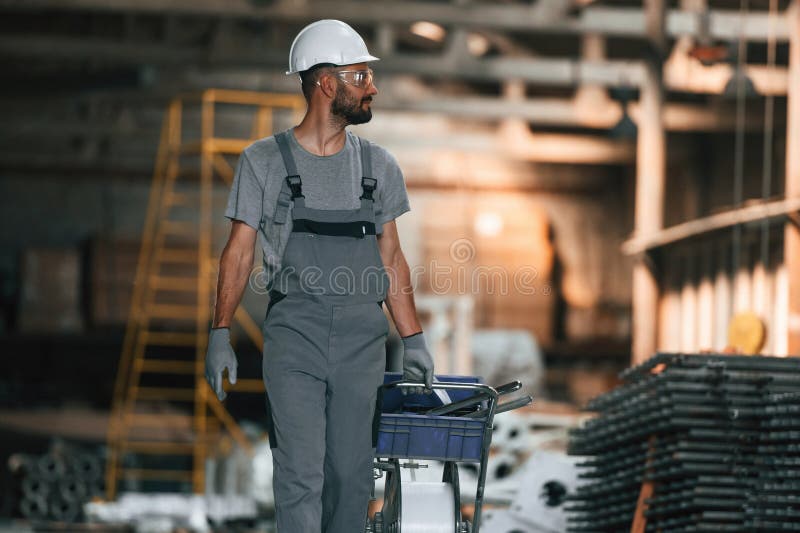 Front View, Walking Forward. Young Factory Worker in Grey Uniform Stock ...