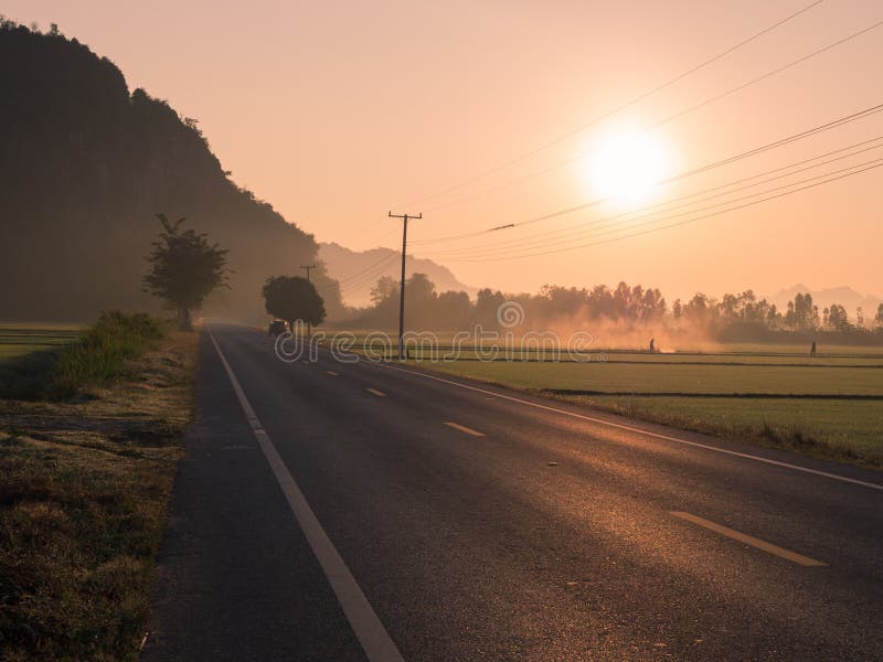 Front View of the Way and Sunset. Stock Photo - Image of mountains ...