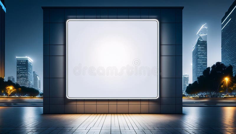 Front View on White Blank Illuminated Square Screen with Place for Your ...