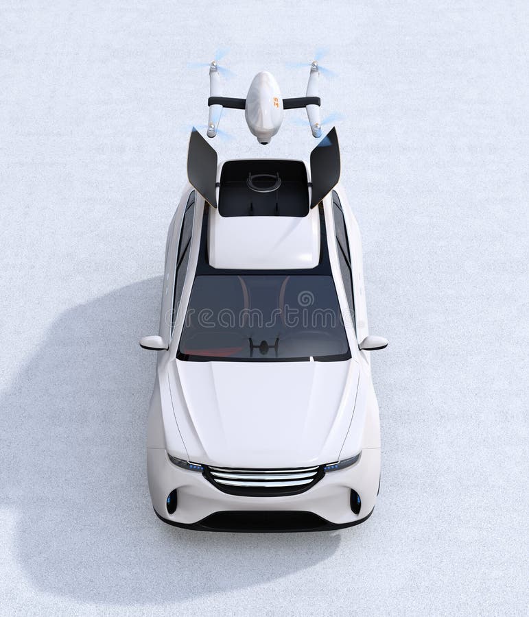 Front View of White Electric SUV Released Drone for Leisure ...