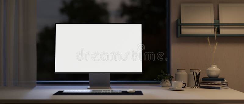 Front View of a White-screen Computer Mockup on a Table in a Modern ...