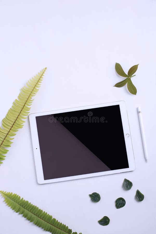 Front View Diagonal Of White Tablet Computer With Blank Screen Stock ...