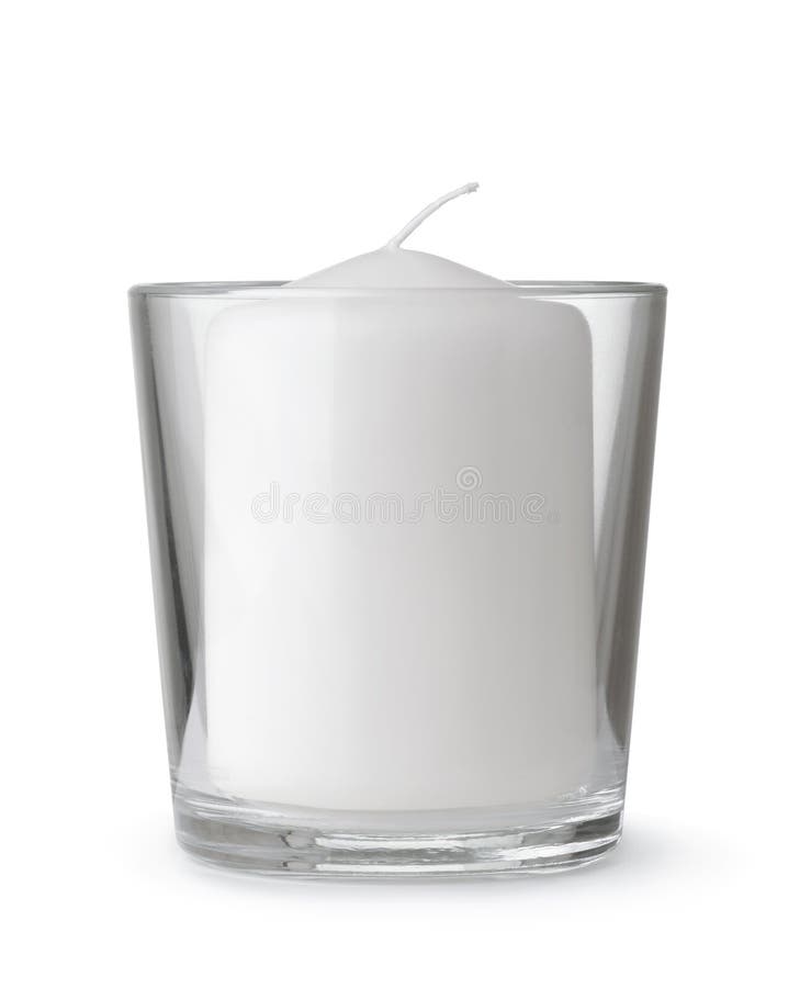 Front View of White Wax Candle in Clear Glass Holder Stock Image ...