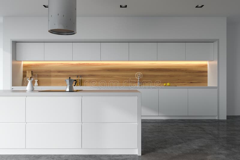 Front View of a White and Wooden Kitchen Stock Illustration ...