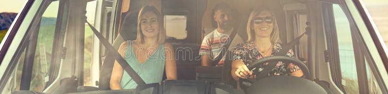 Front View through Windshield of Friends Traveling in Camper Van Stock ...