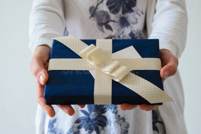 Front View of Woman Hands Giving a Gift Box Stock Image - Image of ...