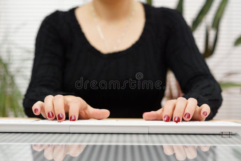 Front View Woman is Typing on White Keyboard at Home Stock Photo ...