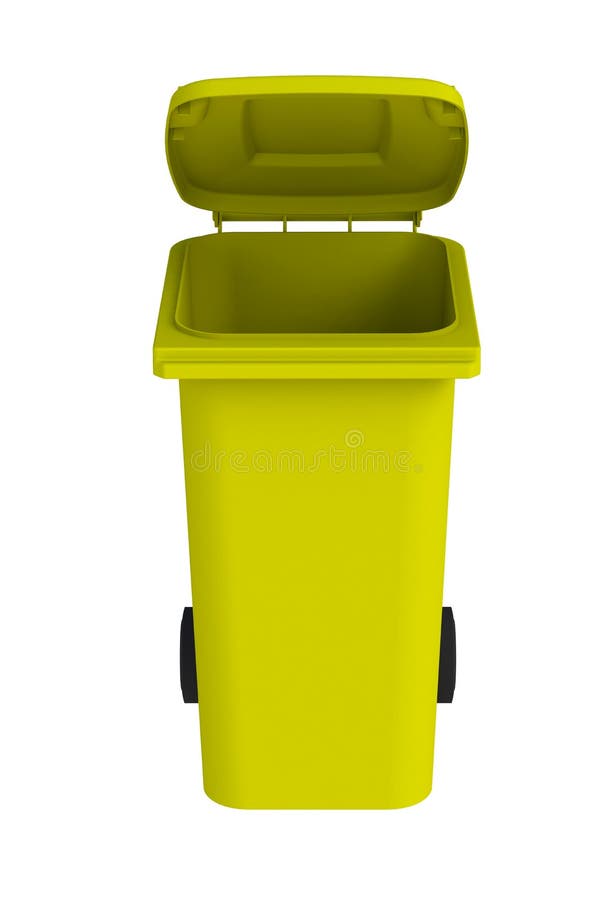 Front View of Yellow Garbage Wheelie Bin with a Open Lid on a White ...