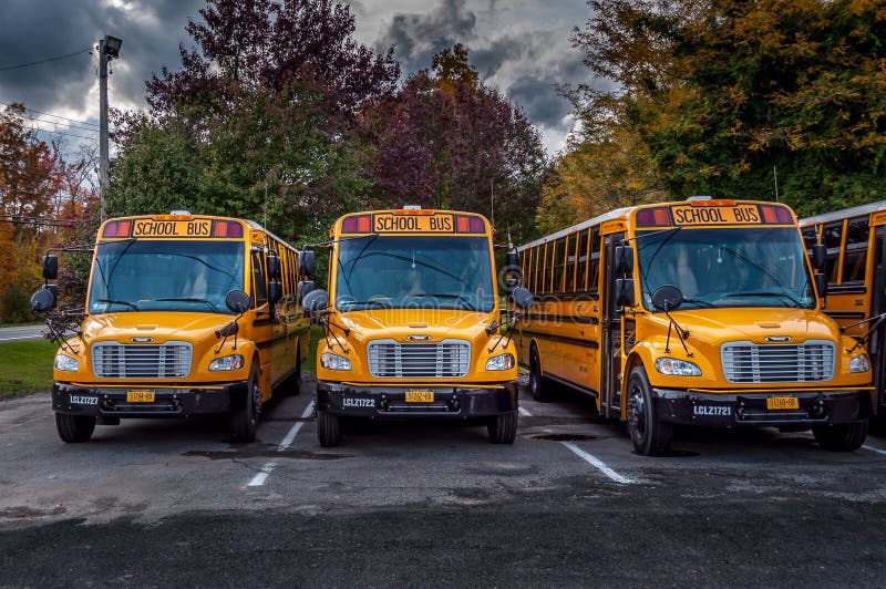 Front View of the Yellow School Buses Parking in a Row. Editorial Image ...