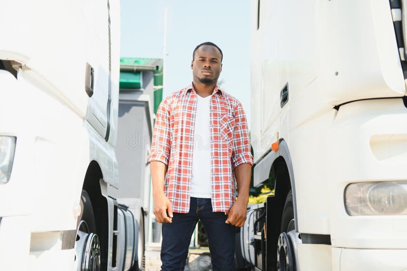 Front View. Young African Truck Driver is with His Vehicle at Daytime ...