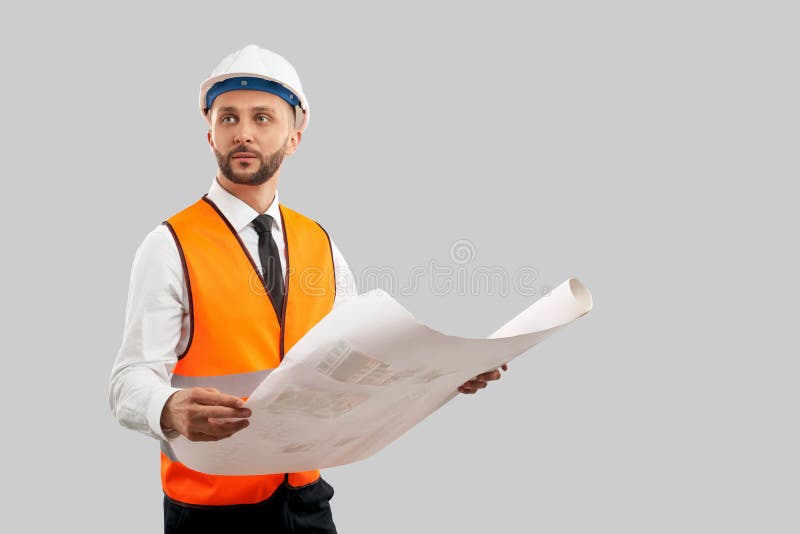 Architect in Reflective Vest Holding Construction Plan. Stock Image ...