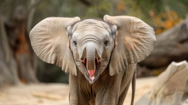 Front View of a Young Elephant with Ears Spread Wide and Mouth Open ...
