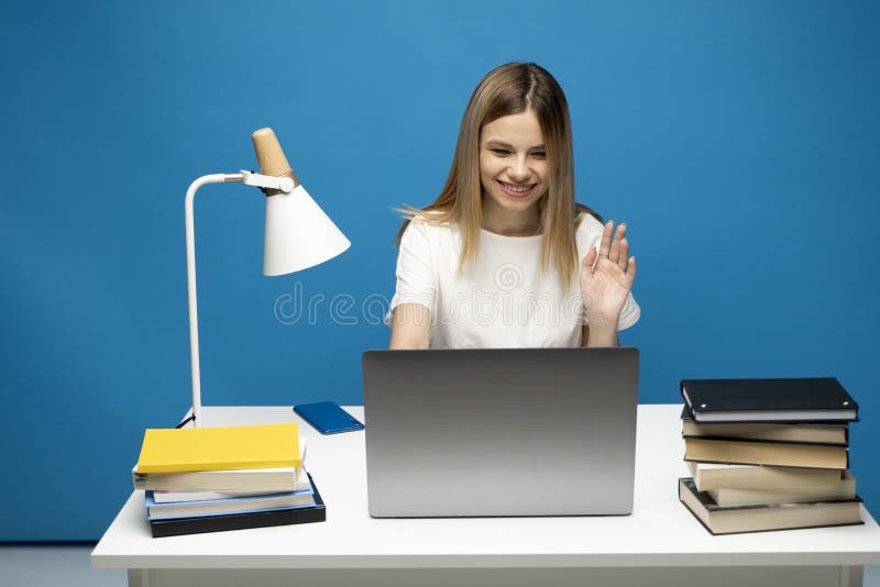 Front View Young Female Freelancer Sitting at Studio before Laptop ...