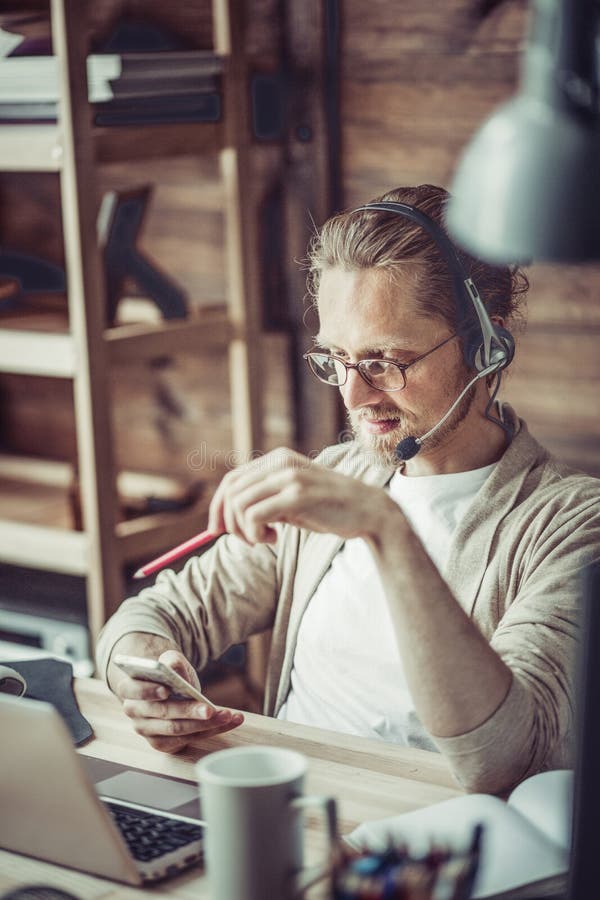 Front View of Young Freelancer Man Working Online. Stock Photo - Image ...