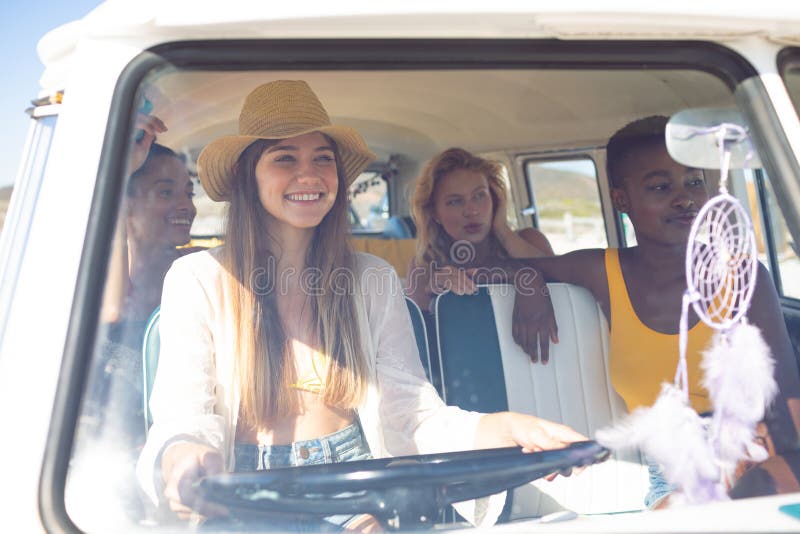 Group of Female Friends Having Fun in a Camper Van Stock Photo - Image ...