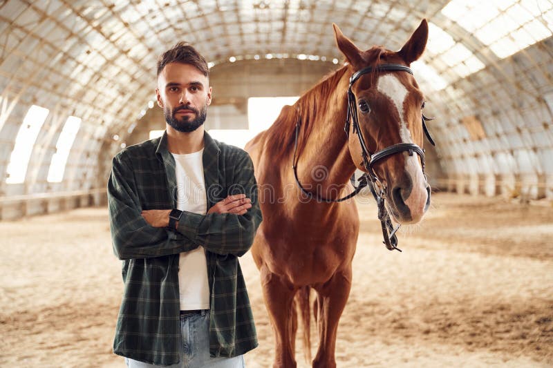Front View. Young Man with a Horse is in the Hangar Stock Image - Image ...